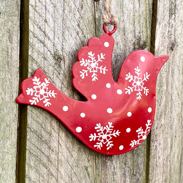 Red Metal Bird with Snowflakes – Christmas Trees 4 You